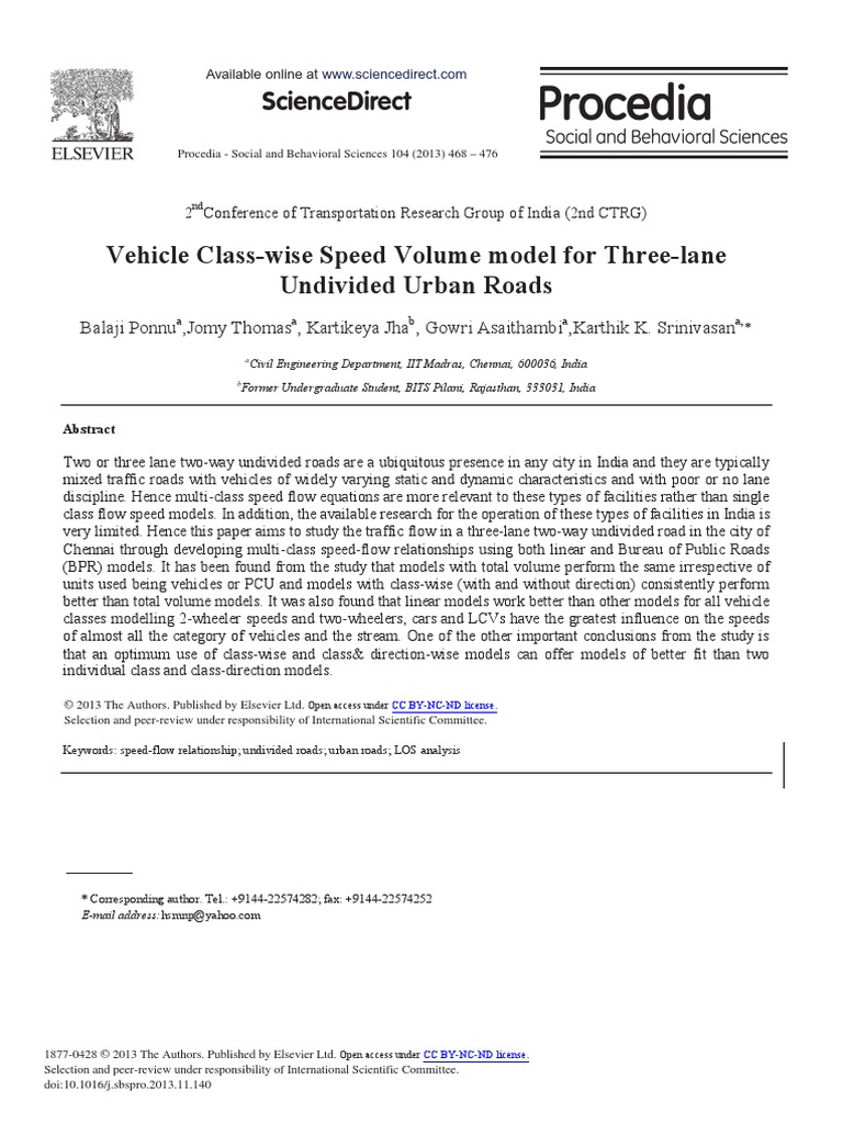 Vehicle Class-Wise Speed Volume Model For Three-Lane Undivided Urban ...