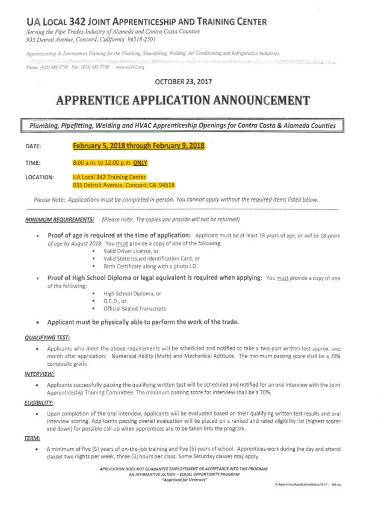 UA Local 342 Apprenticeship Application | PDF | Fraction (Mathematics ...