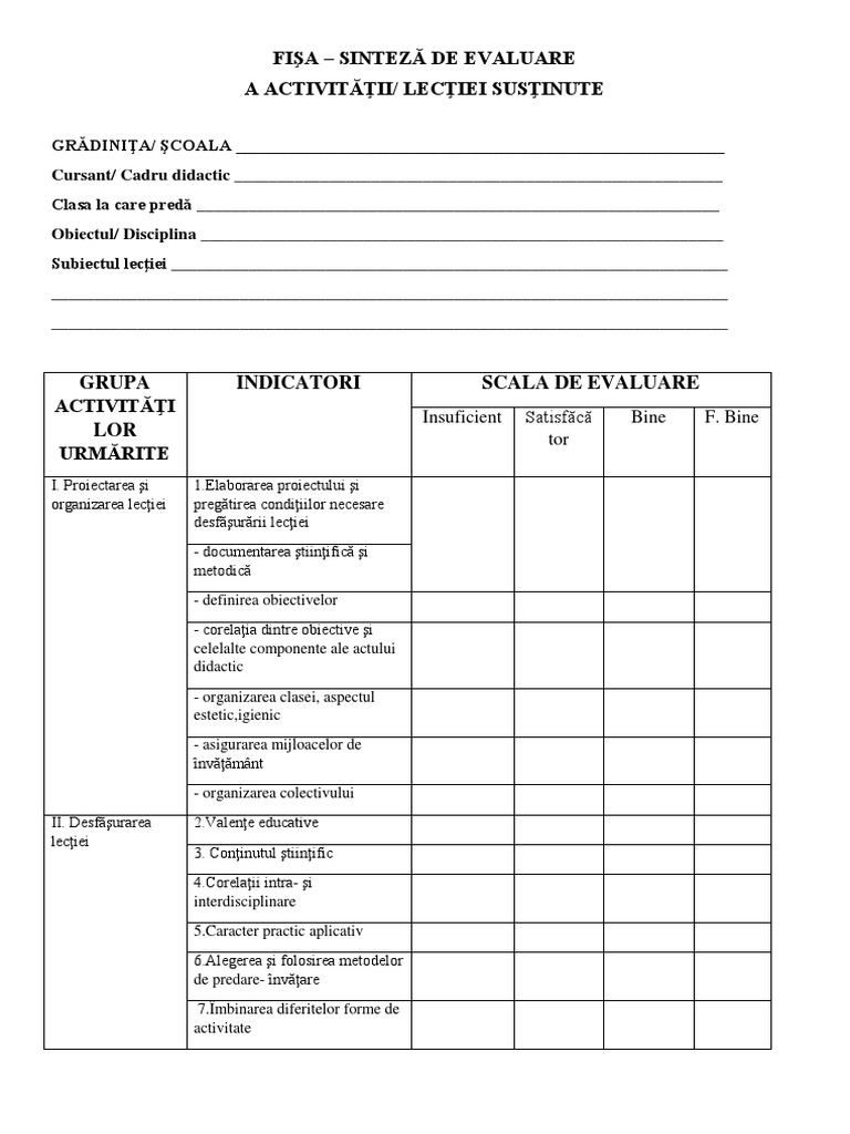 Fisa Sinteza de Evaluare A Lectiei-Activitatii Practica - 1 | PDF