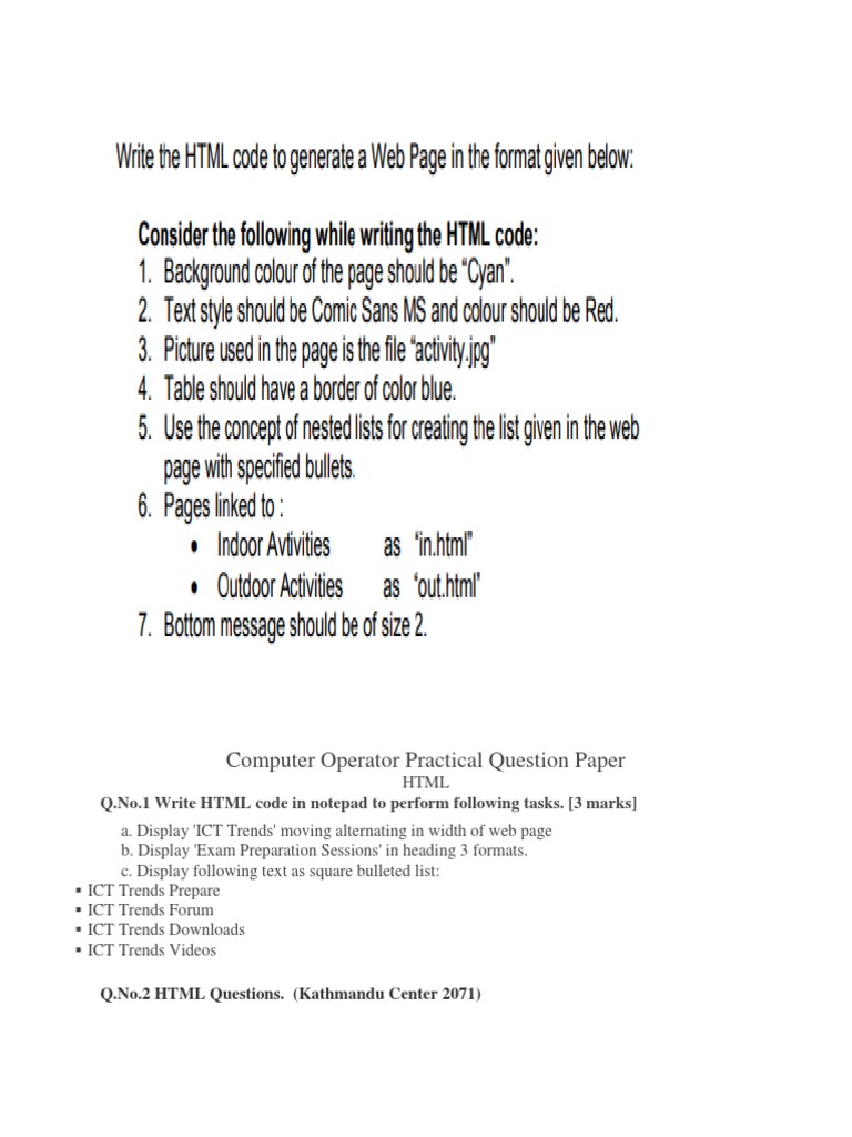 HTML Code for Computer Operator Practical Examination Questions | PDF | Web Page | Hyperlink