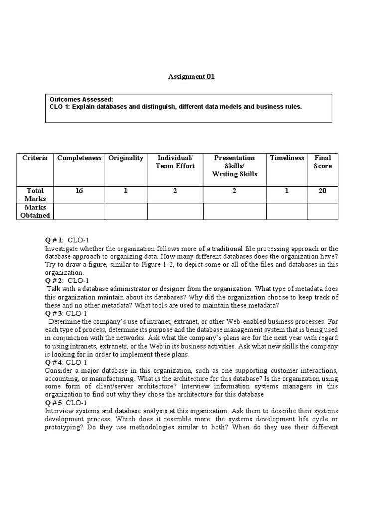 Outcomes Assessed: CLO 1: Explain Databases and Distinguish, Different Data Models and Business ...
