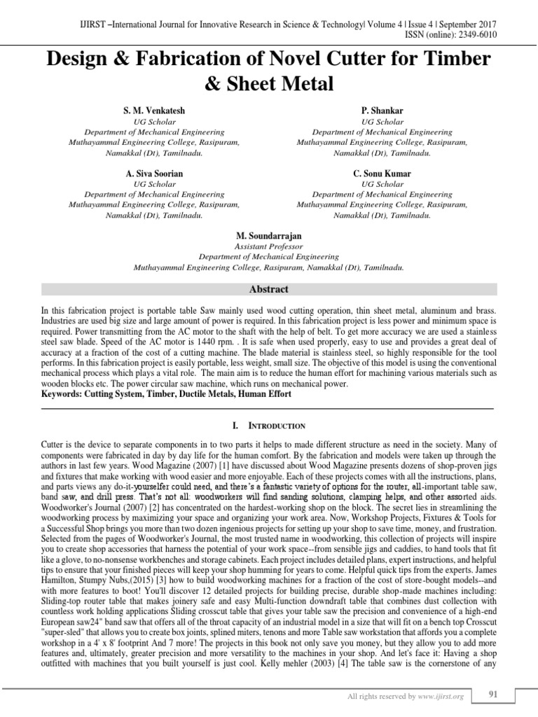 Design and Fabrication of Novel Cutter For Timber and Sheet Metal | PDF ...