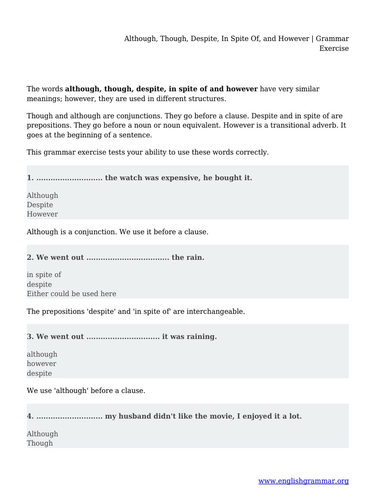 Although, Though, Despite, in Spite Of, and However - Grammar Exercise ...