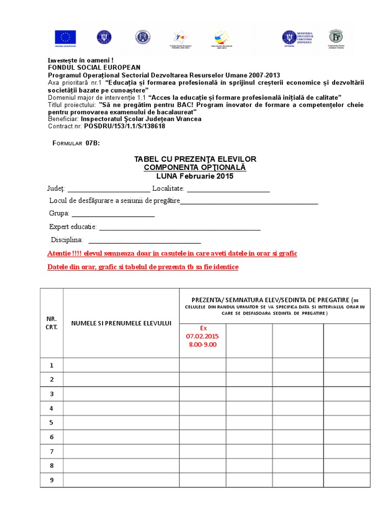 F 07 B -Tabele Cu Elevii Prezenti Pt Fiecare Grupa COMPONENTA OPTIONALA