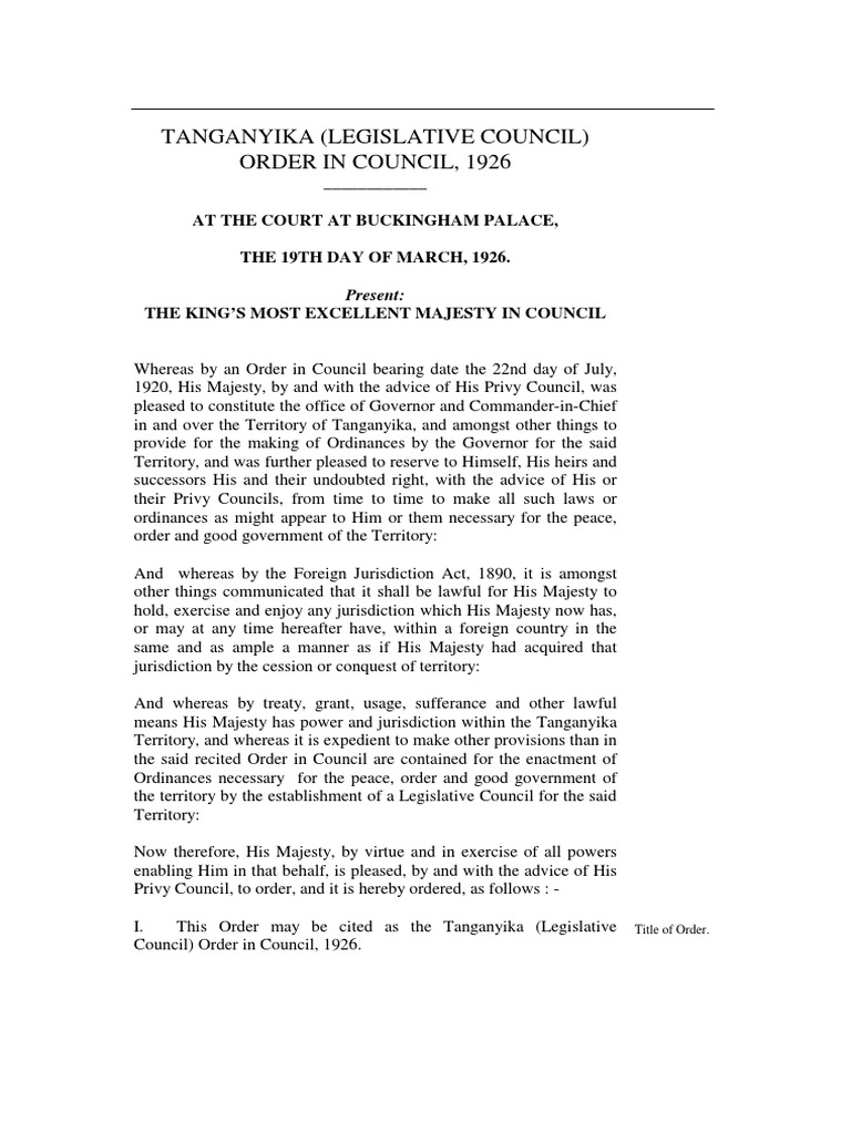 Tanganyika Legislative Council Order in Council 1926 | PDF | Oath Of ...