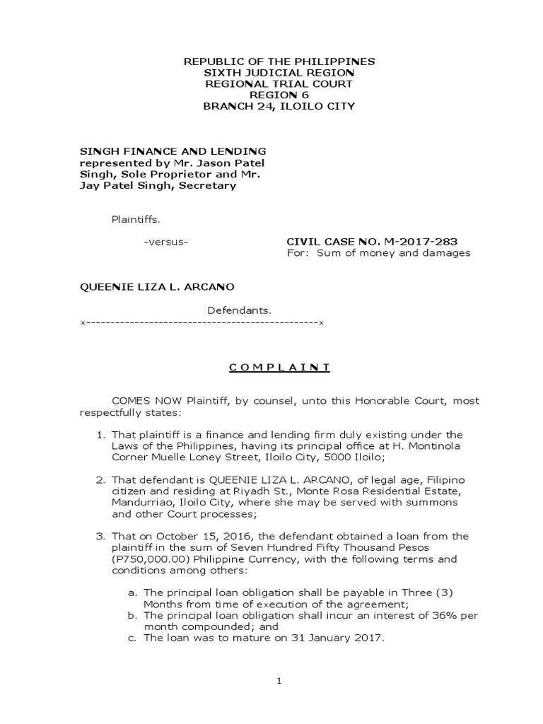 Complaint - Collection of Sum of Money v2 | Mortgage Law | Private Law