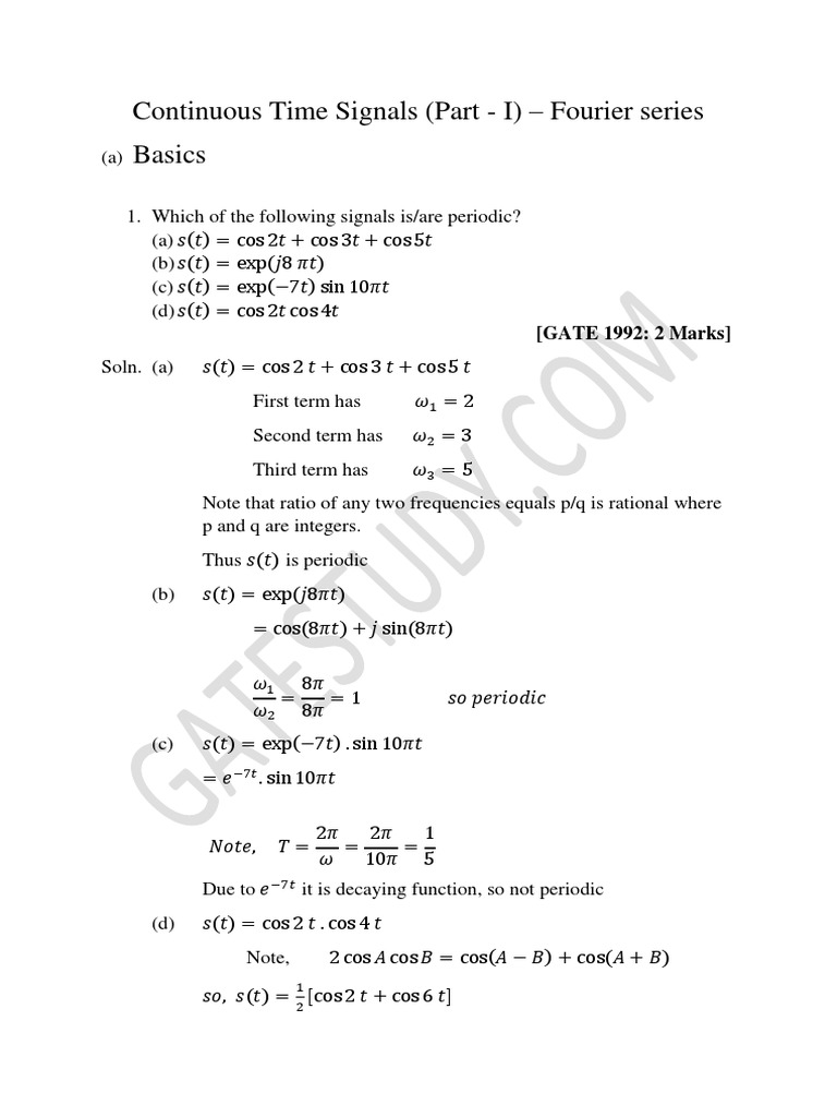 Continuous Time Signals Part I Fourier Series PDF | PDF | Trigonometric ...