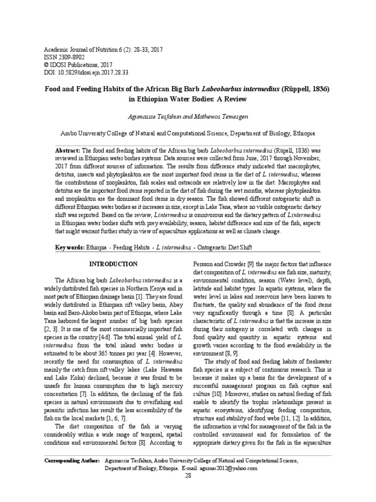Food and Feeding Habits of The African Big Barb Labeobarbus Intermedius ...