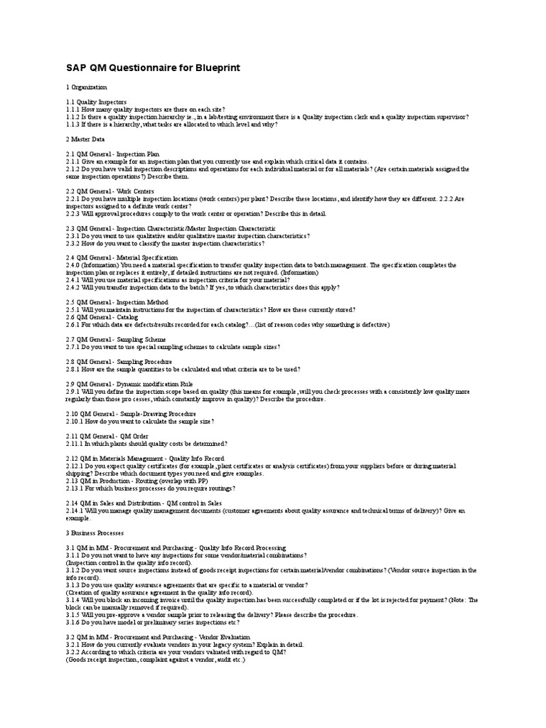 SAP QM Questionnaire ASAP | PDF | Business Process | Quality (Business)
