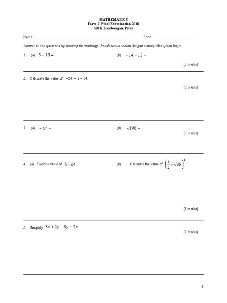 Form 2 Mathematics Exam 2010 Questions | PDF | Triangle | Line (Geometry)