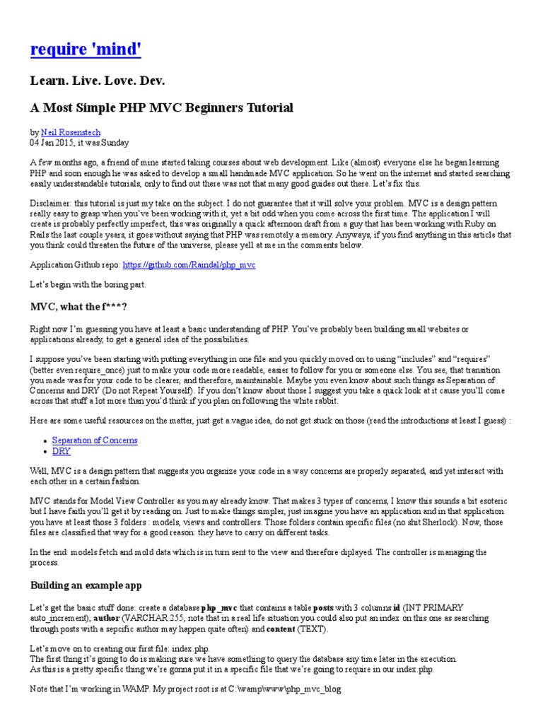 A Most Simple PHP MVC Beginners Tutorial - Require 'Mind' | PDF | Model–View–Controller | Ruby ...