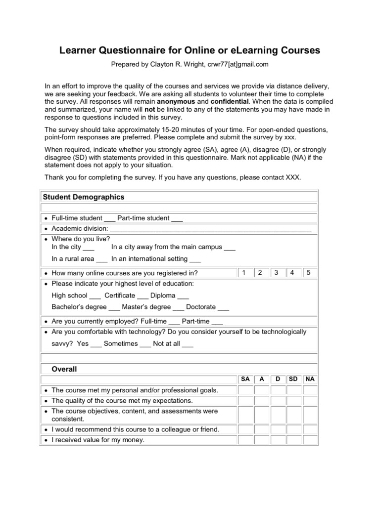 Learner Questionnaire For Online or Elearning Courses, C. R. Wright ...