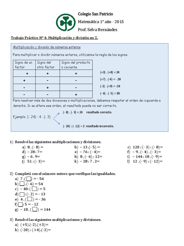 Hoja De Trabajo Para Dividir Y Multiplicar Números Enteros