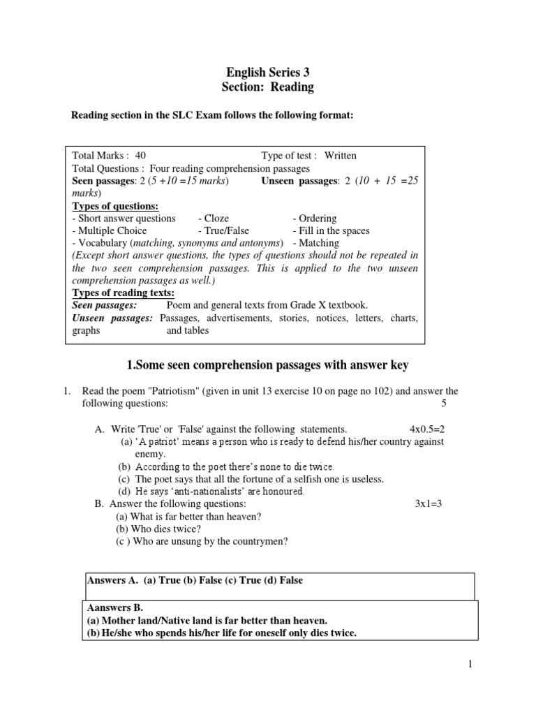English Series 3 Section: Reading: Marks) | PDF | Trousers | Reading ...