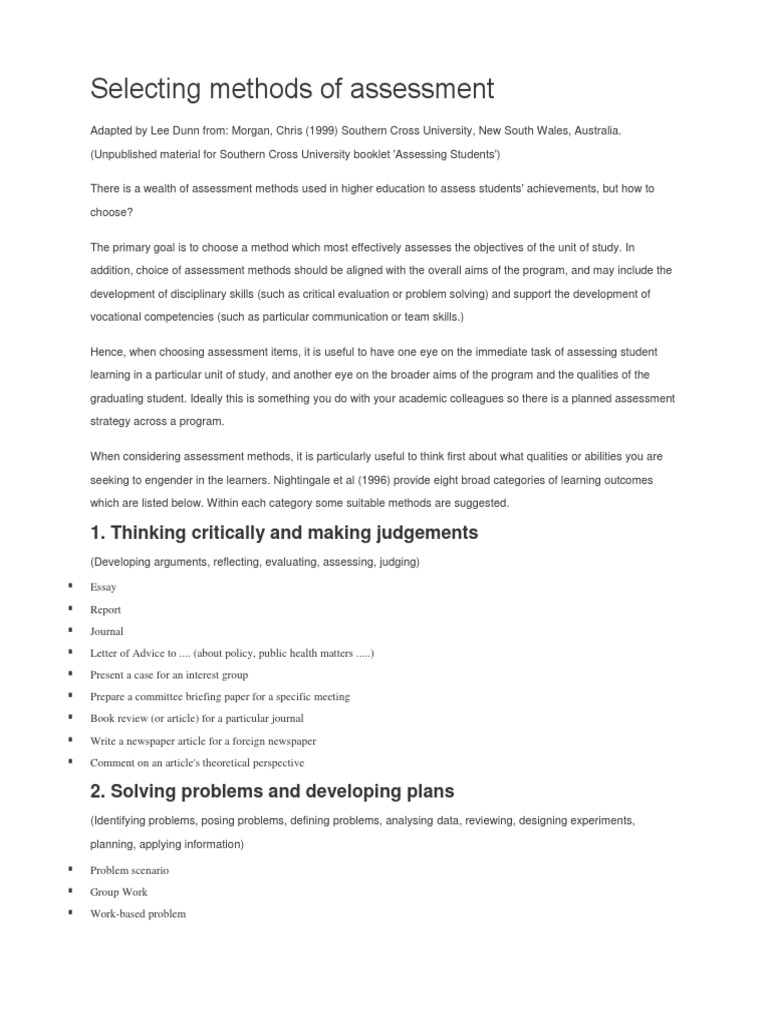 Selecting Methods of Assessment | PDF | Educational Assessment ...