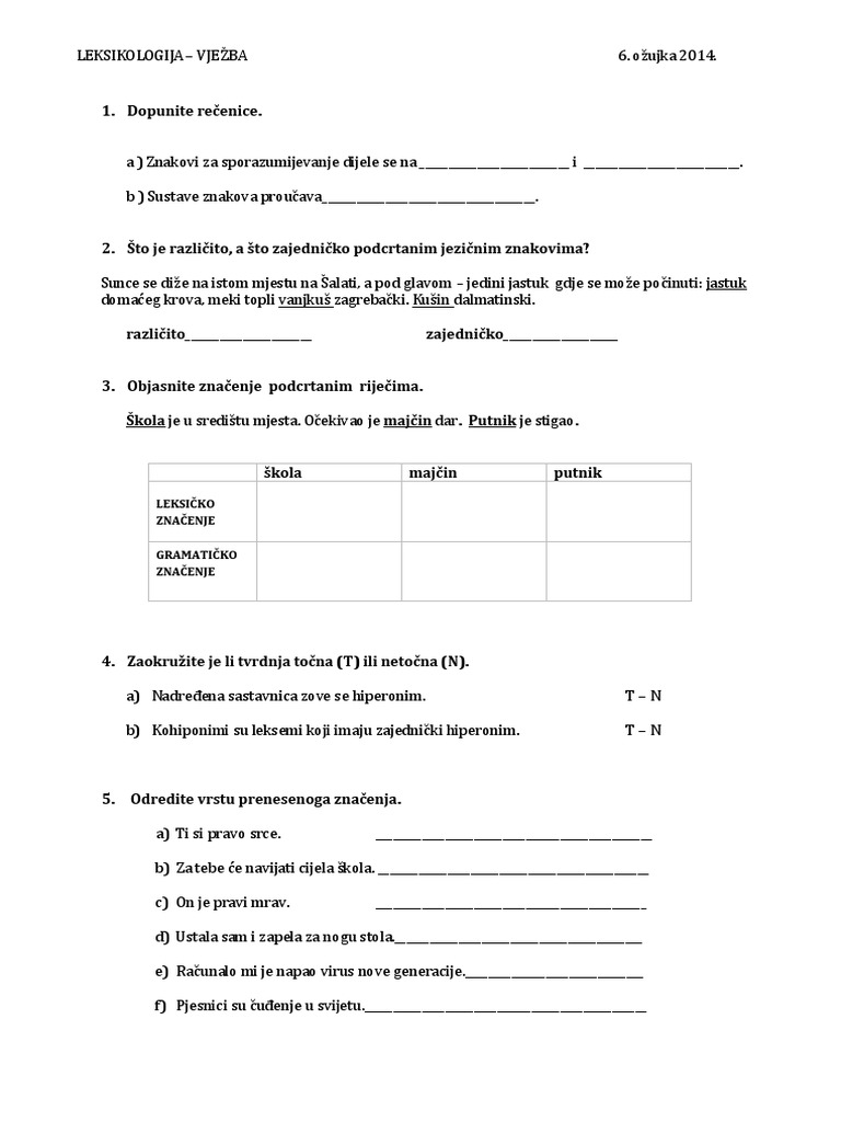 Leksikologija Vjezba | PDF
