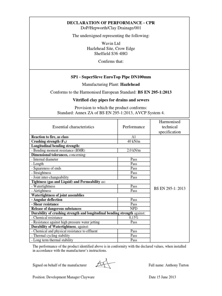 Hepworth Clay DoPs - Full Set | PDF | Pipe (Fluid Conveyance ...
