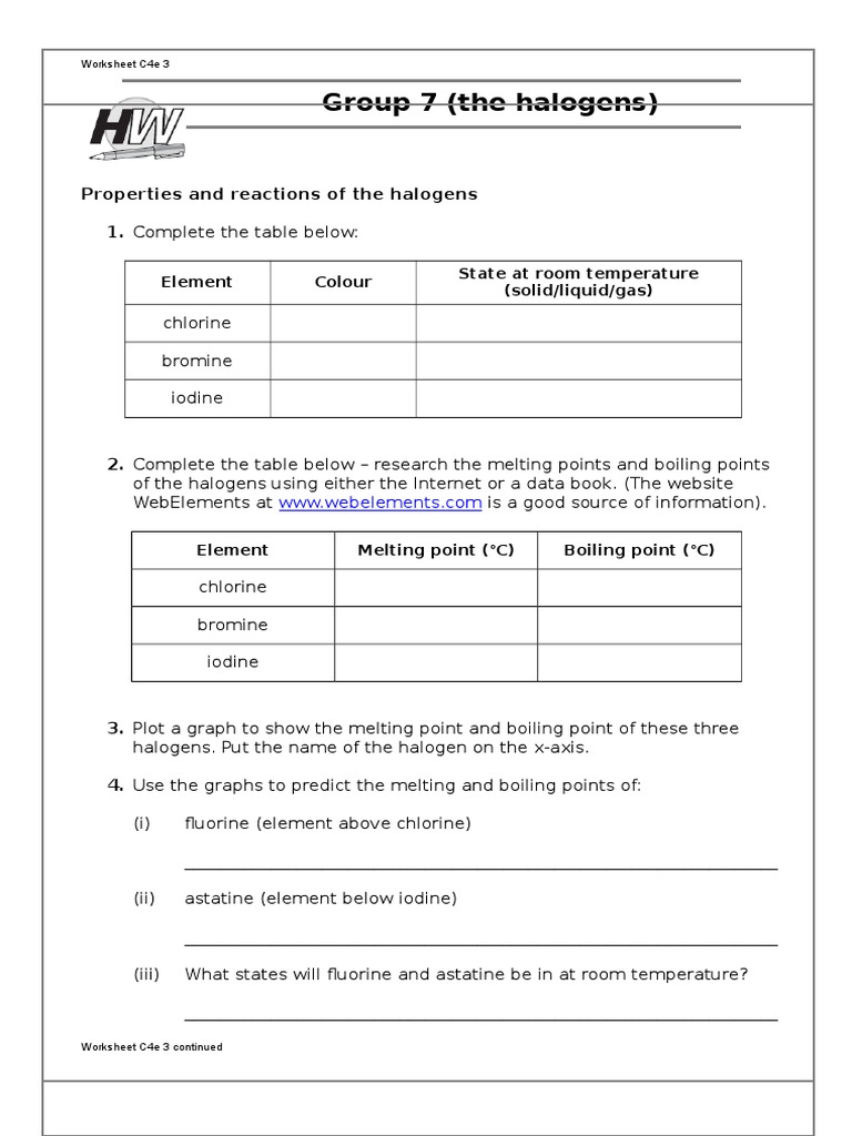C4e 3 'Group 7 (The Halogens) ' HW Sheet | PDF | Iodine | Chlorine