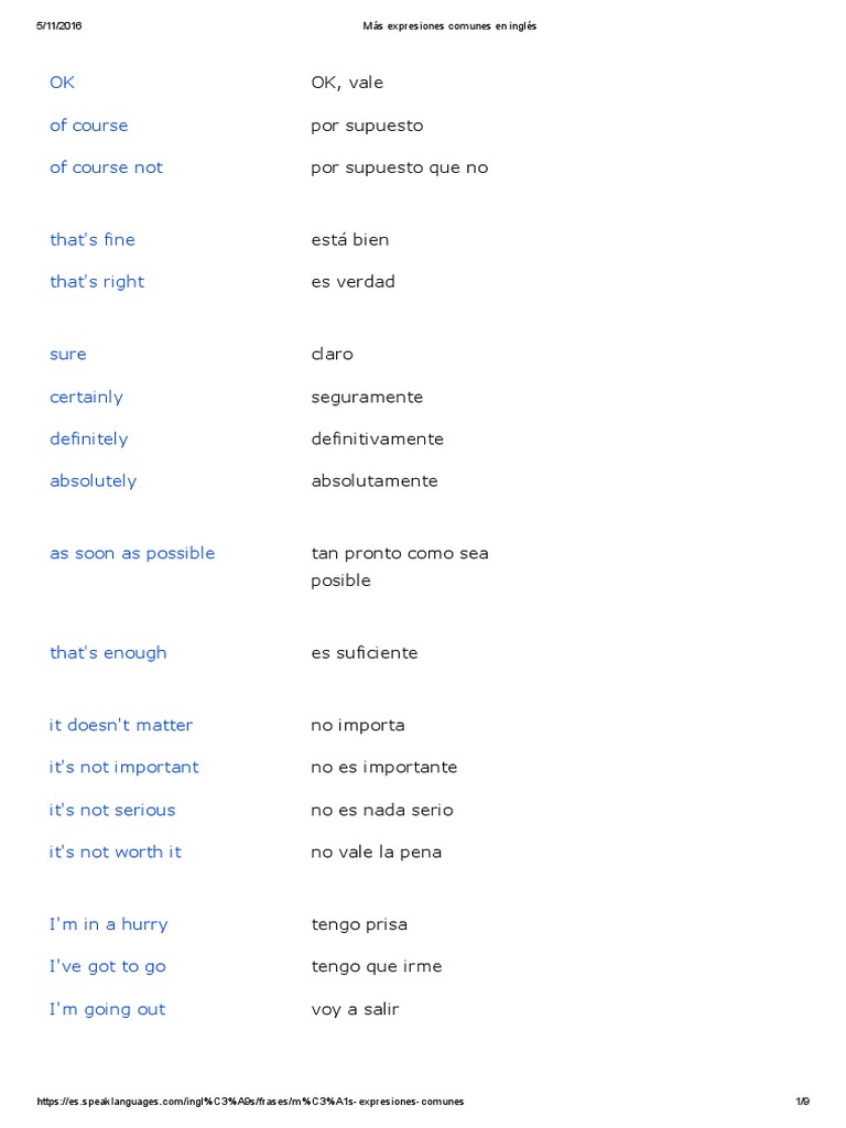 Más Expresiones Comunes en Inglés