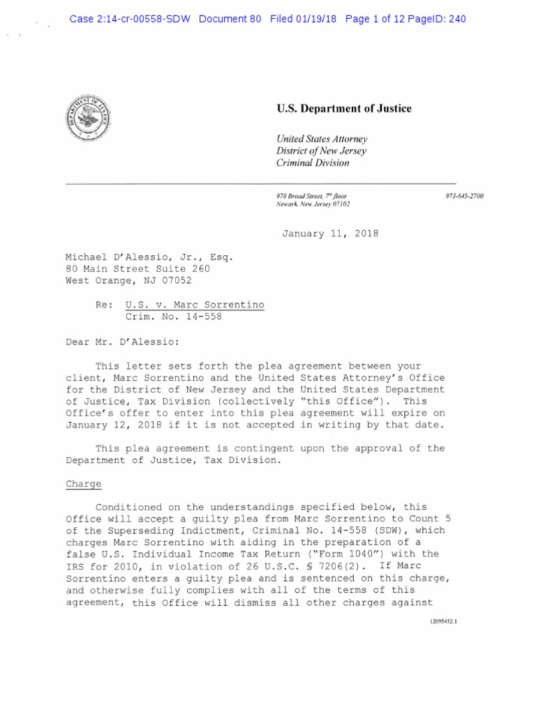 Marc Sorrentino Plea Agreement | PDF | United States Federal Sentencing ...