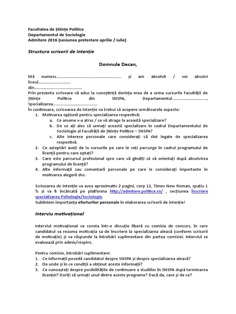 Model Scrisoare de Intentie | PDF