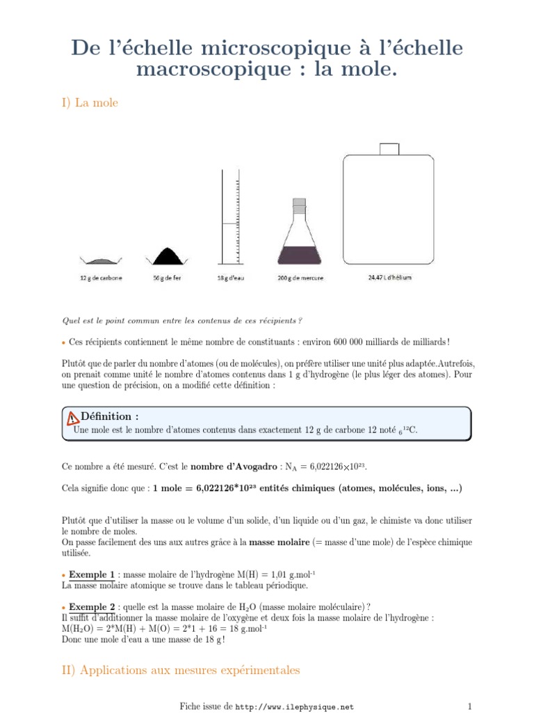 ILEPHYSIQUE Chimie 2 La Mole Echelle Micro Macro | PDF | Mole (unité ...