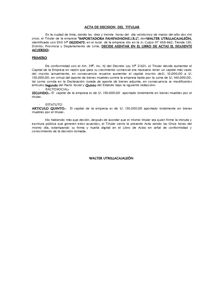 Aumento de Capital de Una Eirl | PDF | Conceptos legales | Información ...