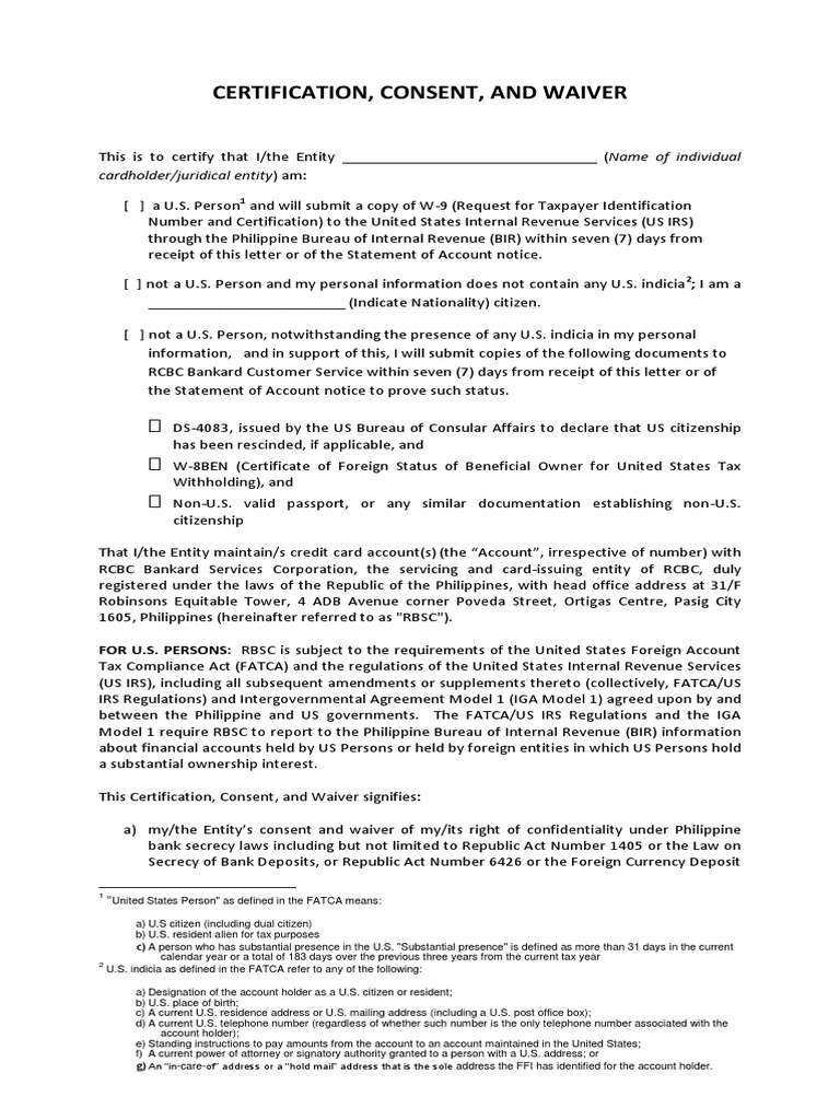 FATCA RBSC Certification Consent Waiver Form 072015 | Social ...