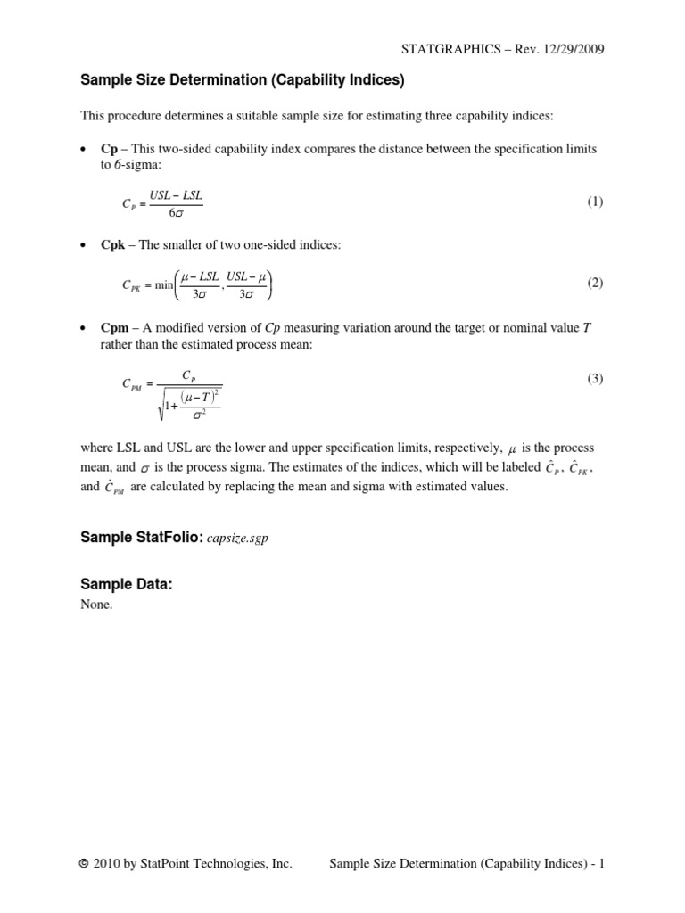 Sample Size Determination (Capability Indices) | PDF | Confidence Interval | Sample Size ...