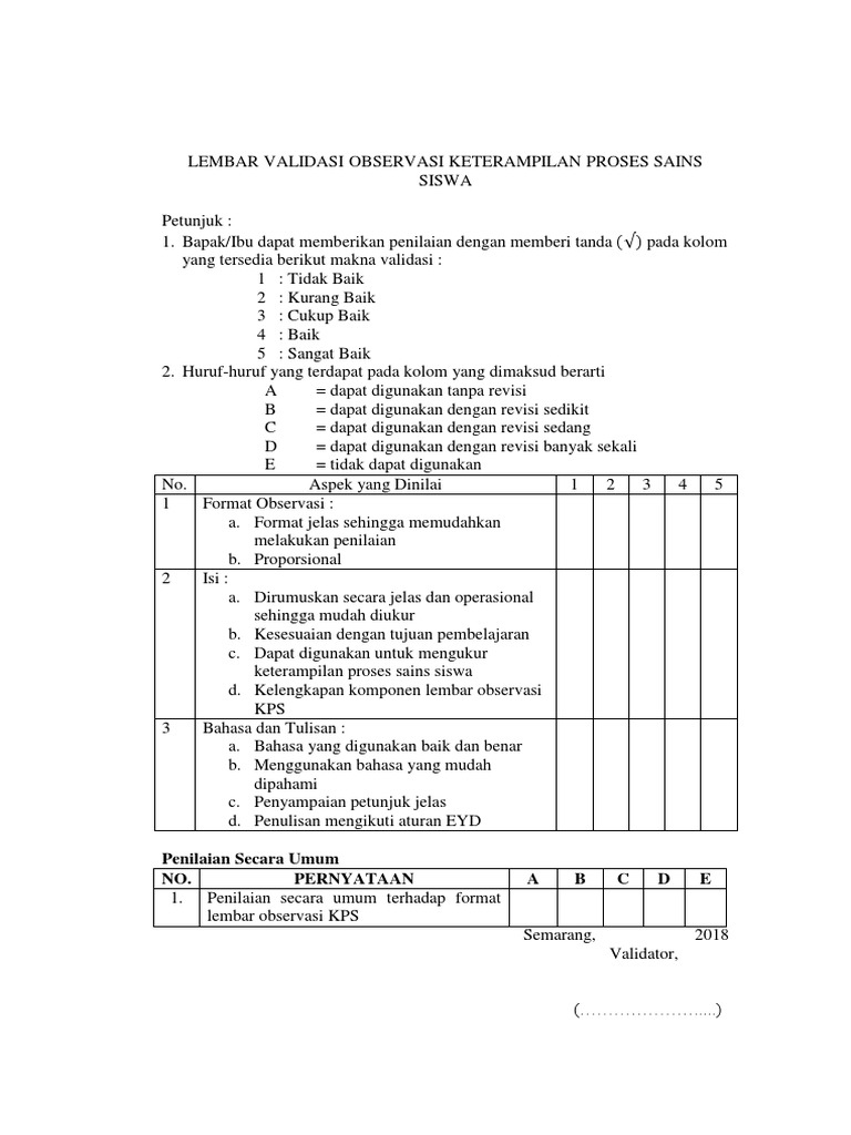 Lembar Validasi Observasi Keterampilan Proses Sains Siswa | PDF