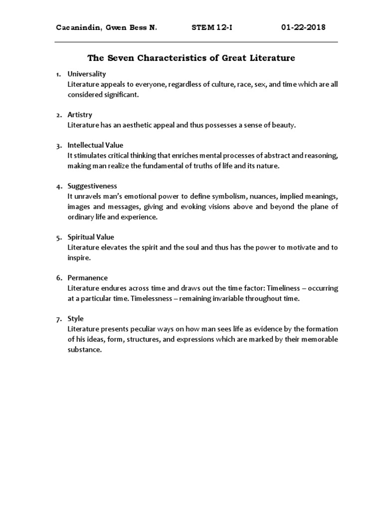 Seven Key Characteristics of Literature | PDF