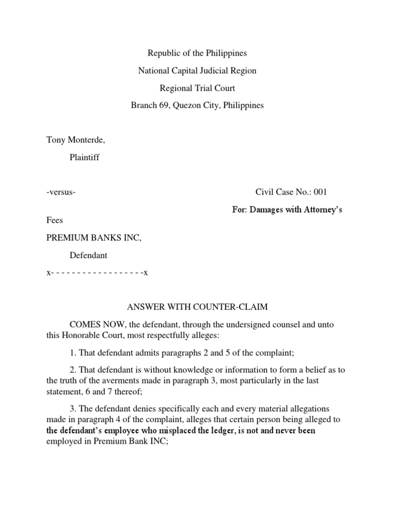 Answer To Complaint (Sample) | PDF | Complaint | Lawsuit