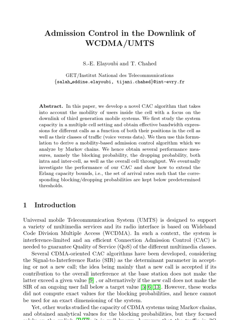 Admission Control in The Downlink of Wcdma/Umts: (Salah Eddine - Elayoubi, Tijani - Chahed ...