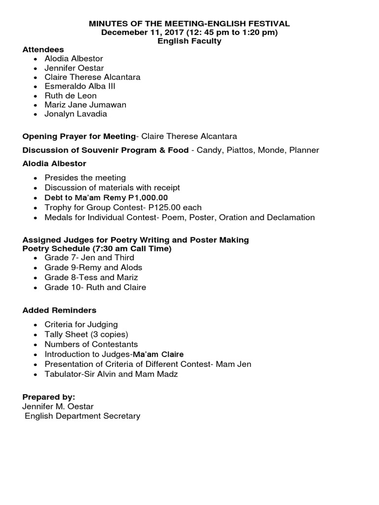 Minutes of the Meeting