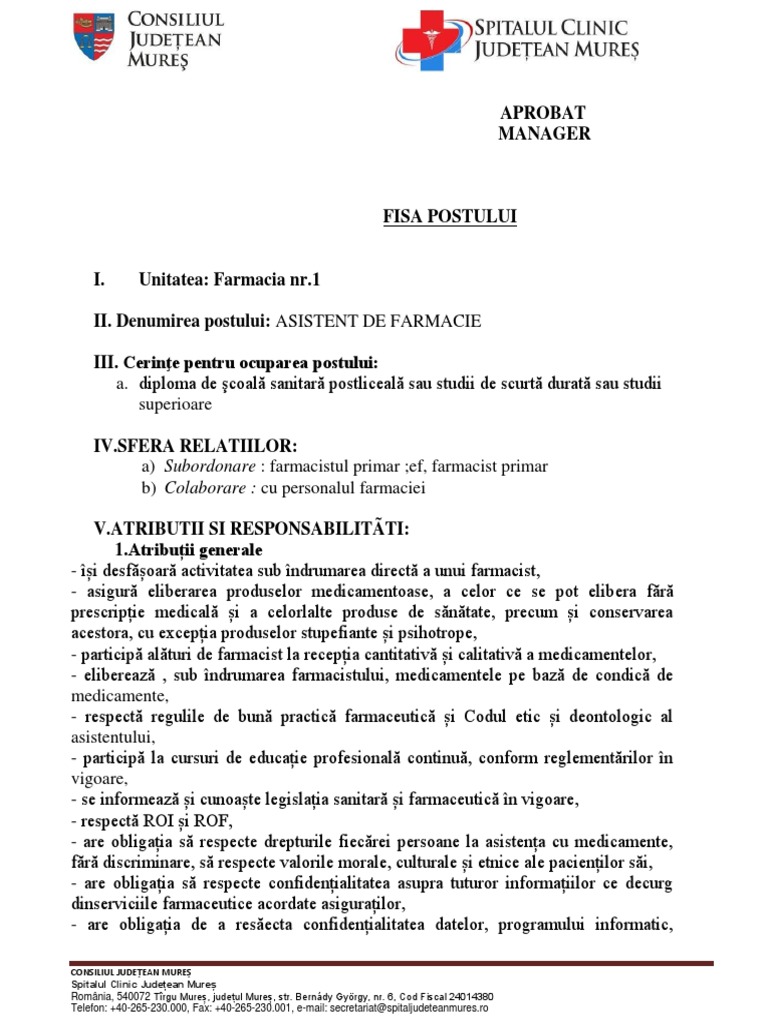 Fisa Postului Asistent de Farmacie PDF | PDF