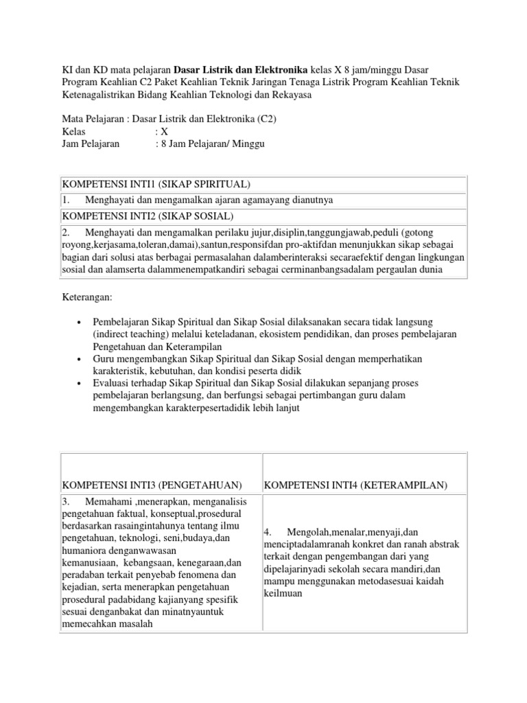 KI Dan KD Mata Pelajaran Dasar Listrik Dan Elektronika Kelas X 8 Jam | PDF