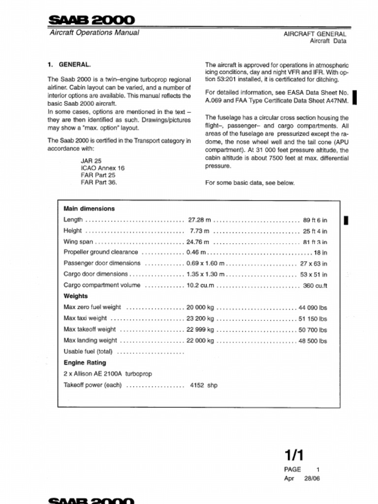 Saab 2000 Aircraft General PDF | PDF