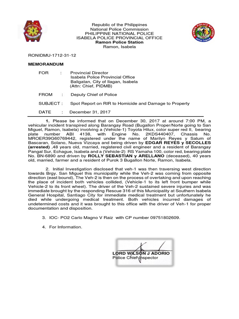 Spot Report on Vehicular Accident | PDF | Law Enforcement | Crime ...