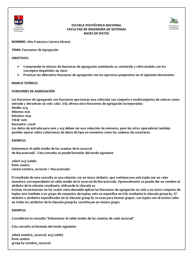 Funciones de Agregación en SQL | PDF | SQL | Programación de computadoras