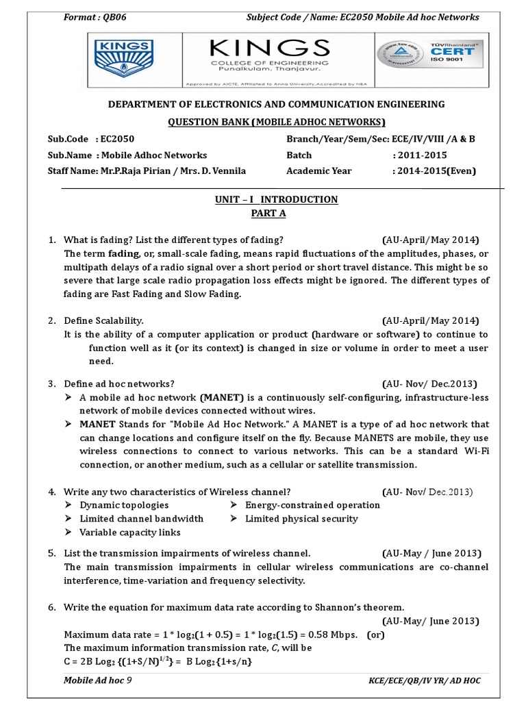 Adhoc Question Bank EC2050 | PDF | Wireless Ad Hoc Network | Routing