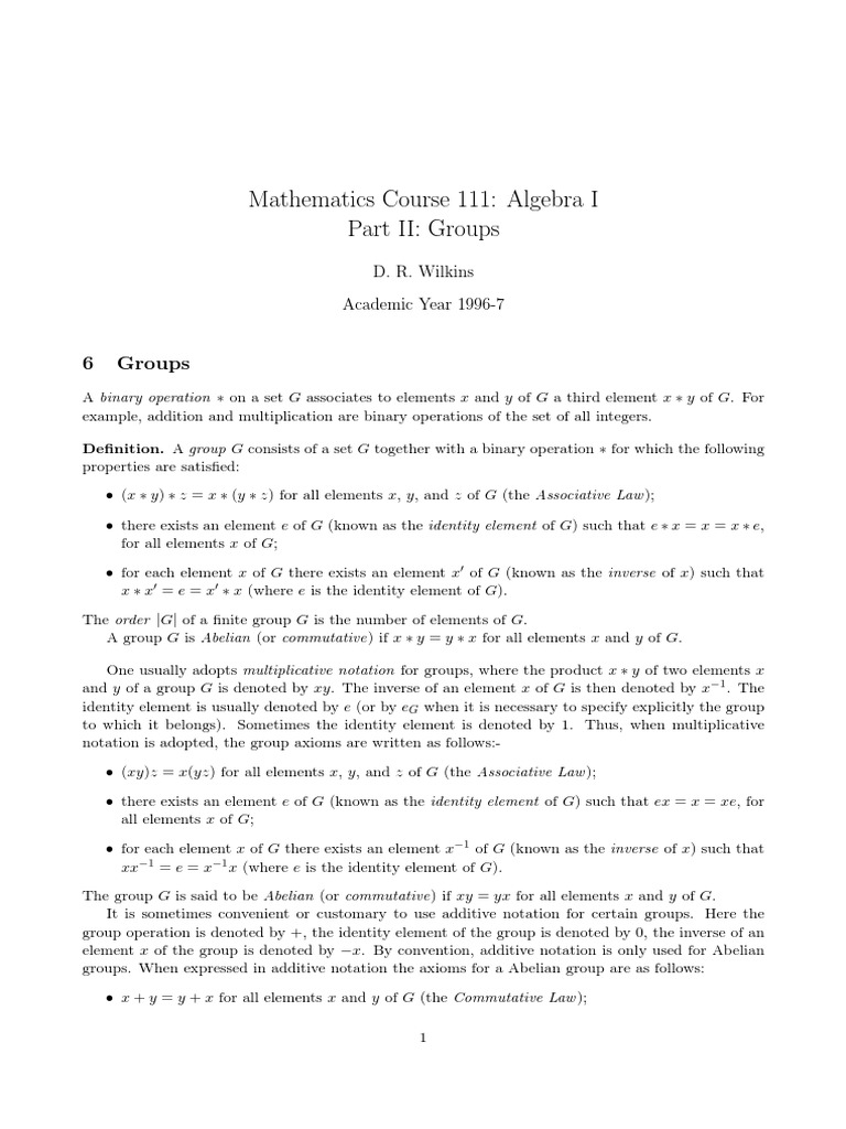 Mathematics Course 111: Algebra I Part II: Groups | PDF | Group ...