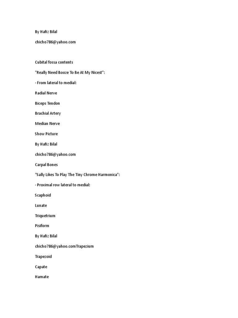 Upper Limb Mnemonics | PDF | Thumb | Hand