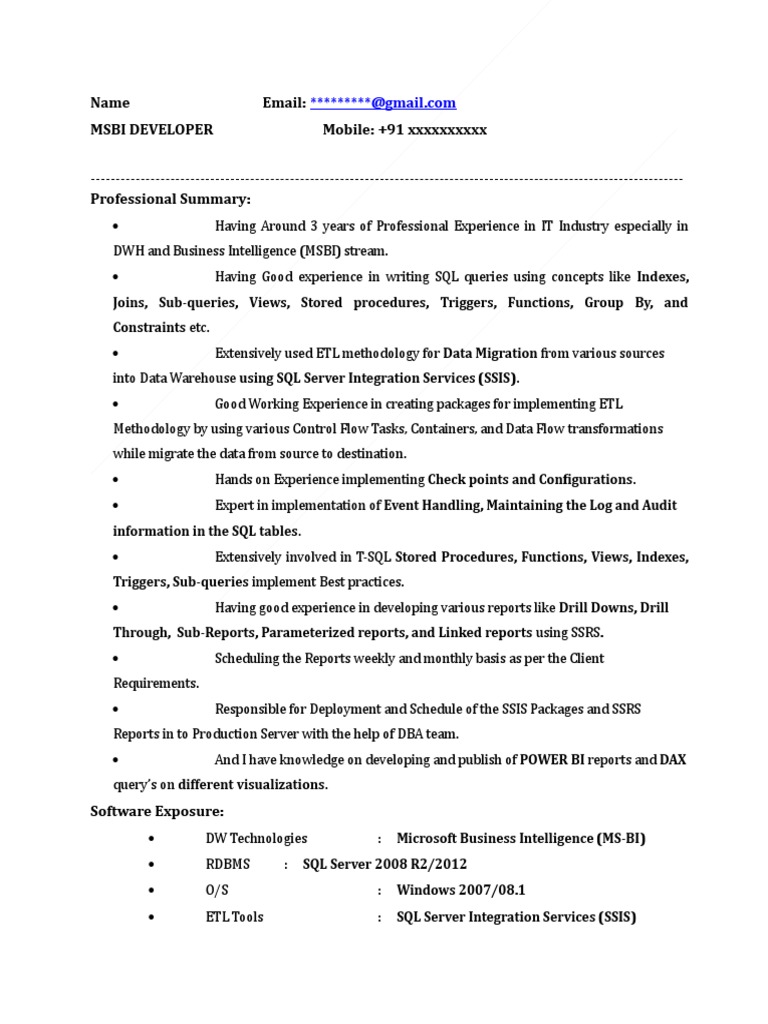 MSBI Sample Resume 3 | PDF | Microsoft Sql Server | Business Intelligence