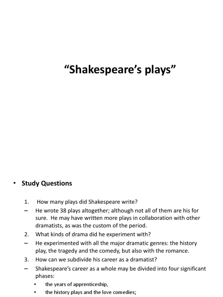 Shakespeares Plays Study Questions | PDF | Shakespearean History ...