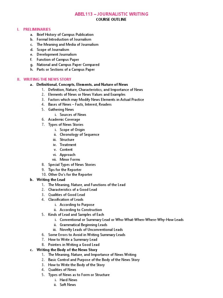 ABEL113 (Journalistic Writing) Course Outline | Journalism | News