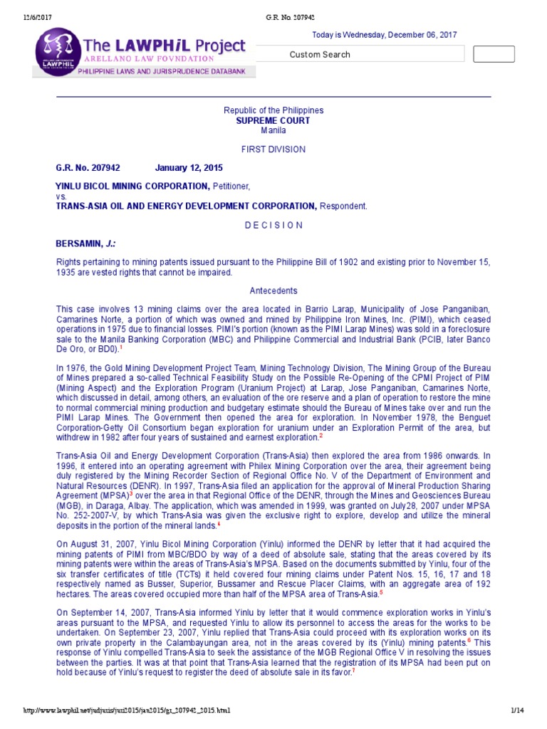 YINLU BICOL MINING CORPORATION vs. TRANS ASIA OIL AND ENERGY ...