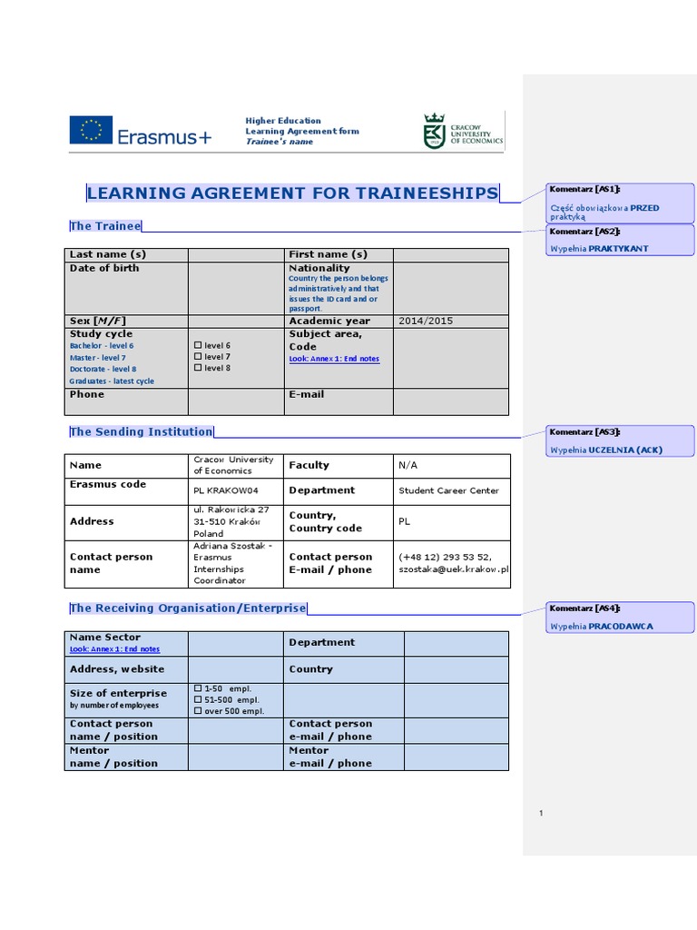 LEARNING AGREEMENT FOR TRAINEESHIPS UEK - Instrukcja PDF | PDF ...