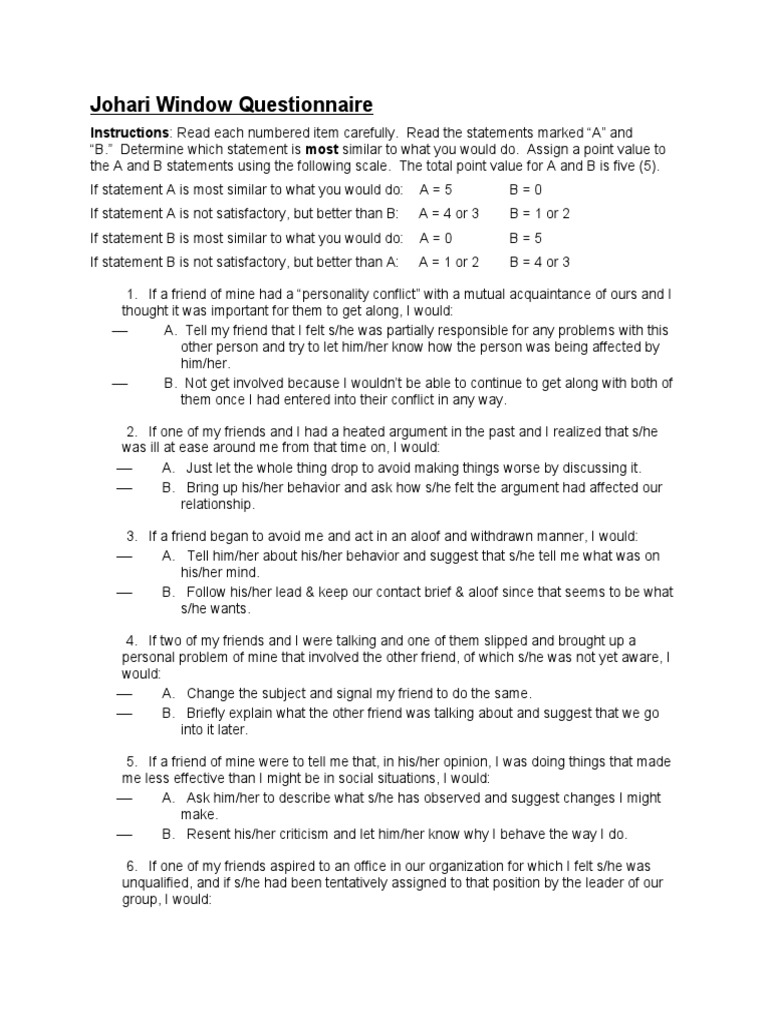 Johari Window Questionnaire Guide | PDF | Behavioural Sciences | Psychology