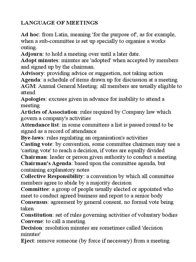 A Comprehensive Glossary of Common Terms Used in Meeting Procedures and ...