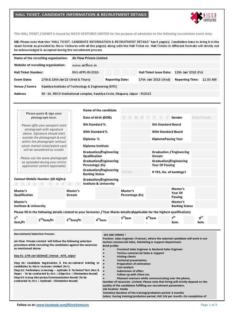 Nicco Ventures Recruitment Hall Ticket | PDF | Identity Document ...
